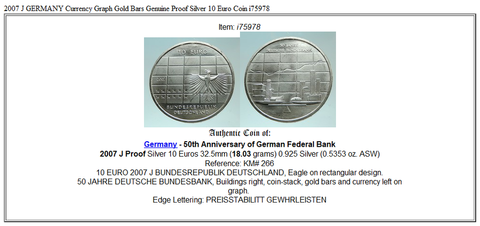 2007 J GERMANY Currency Graph Gold Bars Genuine Proof Silver 10 Euro ...
