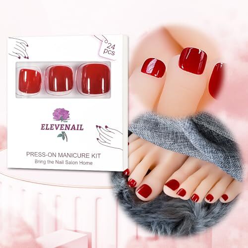 Classic Red Press On Toenails Short Square Solid Color False Toe Red ...