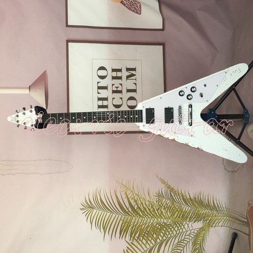 Relic White Flying V Shape Electric Guiatr HH Pickups Aged Mahogany ...