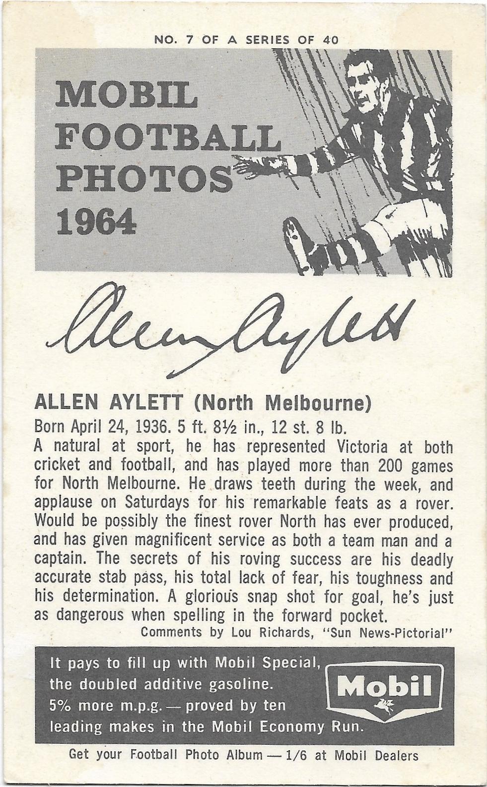 1964 Mobil VFL Football (7) Allen AYLETT North Melbourne :/ | eBay ...