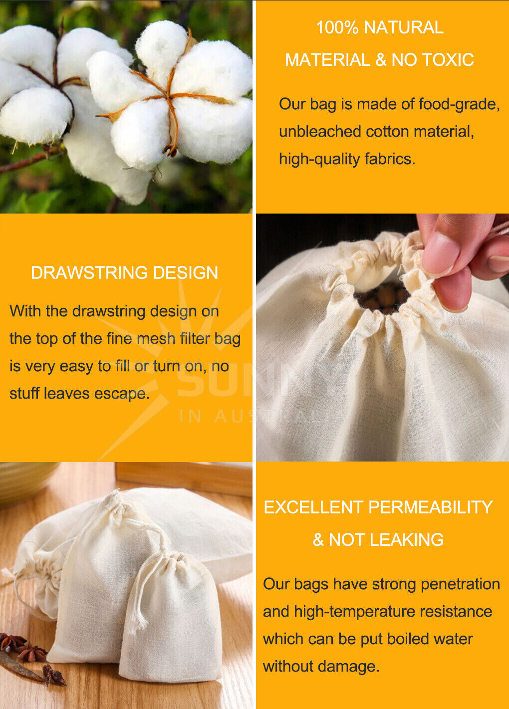 UP 100x Muslin Filter Bags Reusable 100% Cotton Spices Herbs Tea Soup ...