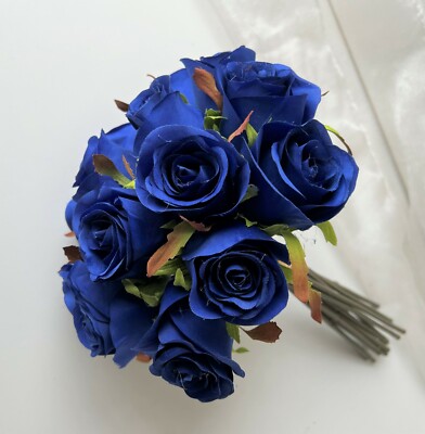 NAVY BLUE ROSES WEDDING FLOWERS BOUQUET ARTIFICIAL PRE MADE ROSE POSY ...