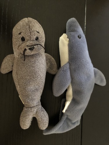 TY Beanie Babies “Crunch” Shark & “Slippery” Seal - Original - No Heart ...
