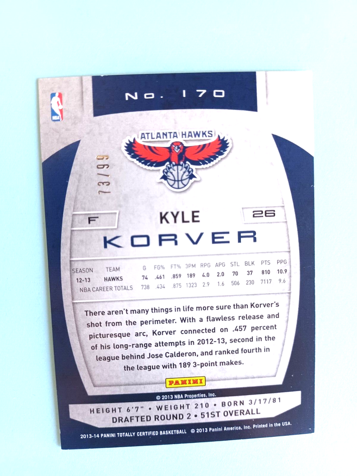 2013-14 PANINI TOTALLY CERTIFIED KYLE KORVER #170 RED PARALLEL /99 ...