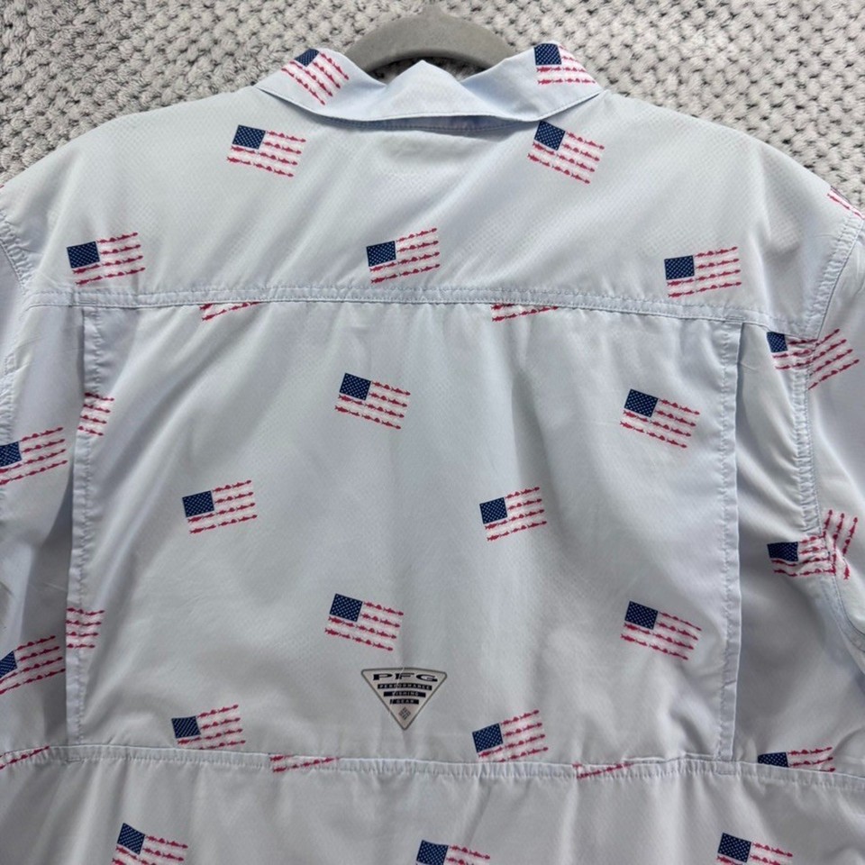 Columbia Shirt Mens L Blue USA Flag Fishing PFG Button Vented Back ...