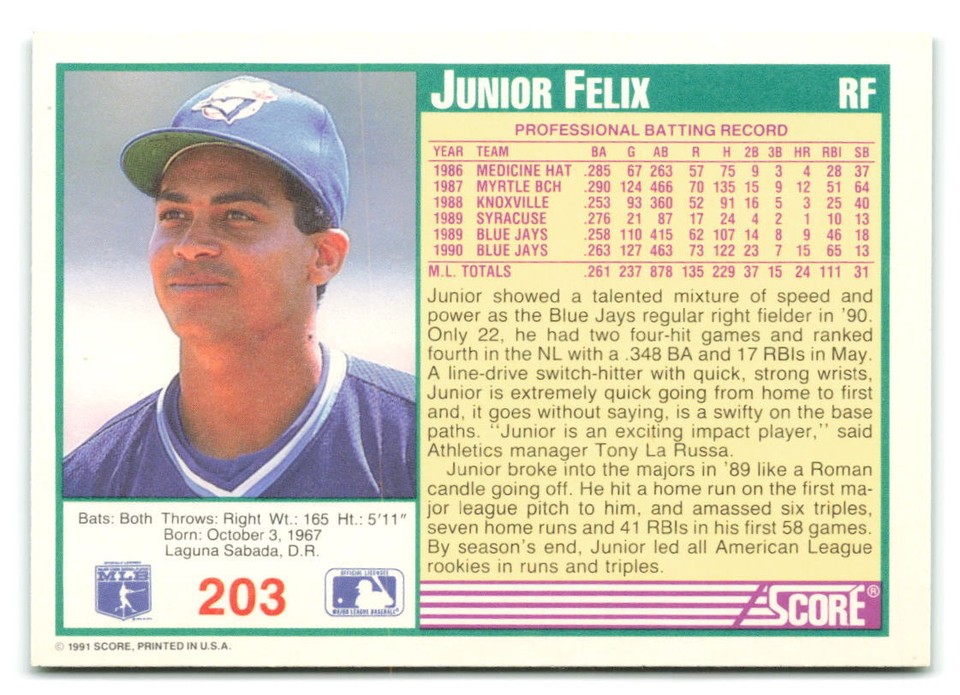 1991 Score Junior Felix #203 Toronto Blue Jays BASEBALL Card | eBay