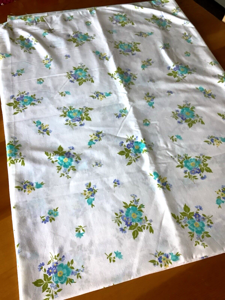 VTG 70's CANNON MONTICELLO BLUE FLORAL COTTON BLEND FLAT SHEET SZ TWIN ...