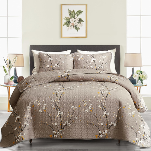 3 Pieces Quilt Set Queen Full Size 88X88 Tan Gray Branch Floral Style ...