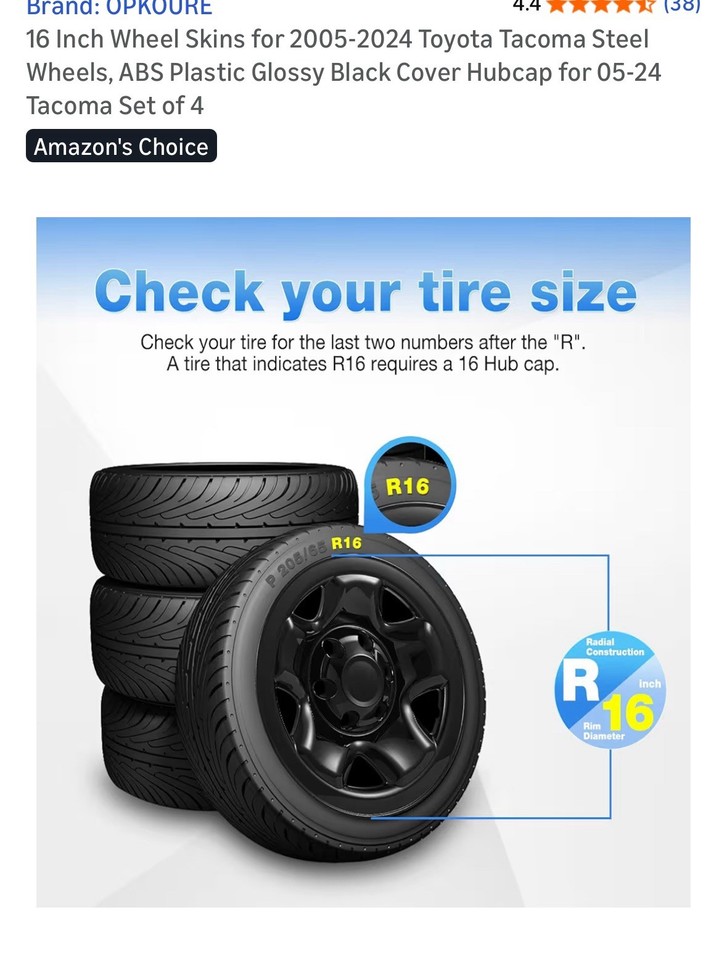 16 Inch Wheel Skins for 2005-2024 Toyota Tacoma Steel Wheels, ABS ...