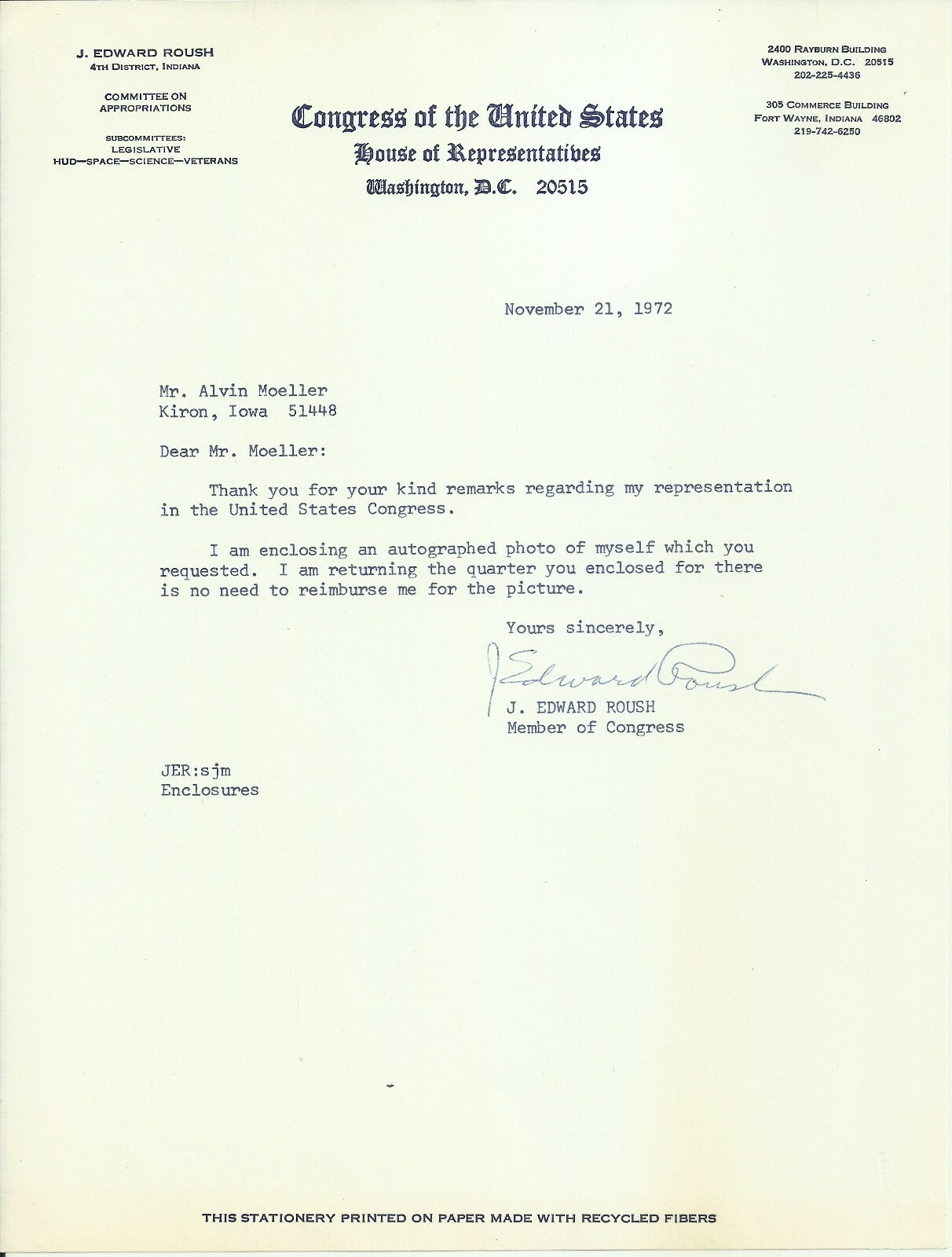 J. Edward Roush - U.S. Representative Original Autograph 8x10 Photo and ...