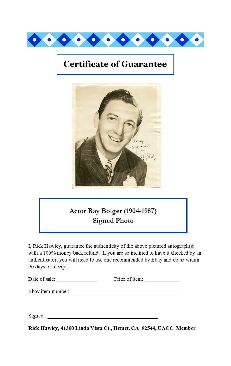 Ray Bolger Autograph The Wizard Of Oz Scarecrow Baretta Actor Signed ...