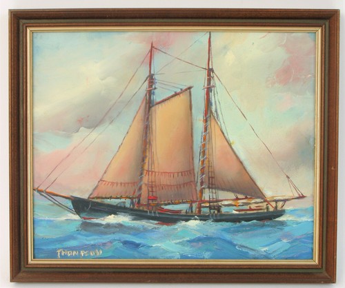 ARTIST SIGNED ELLERY THOMPSON PAINTING CLIPPER SHIP MYSTIC CT SLOOP ...
