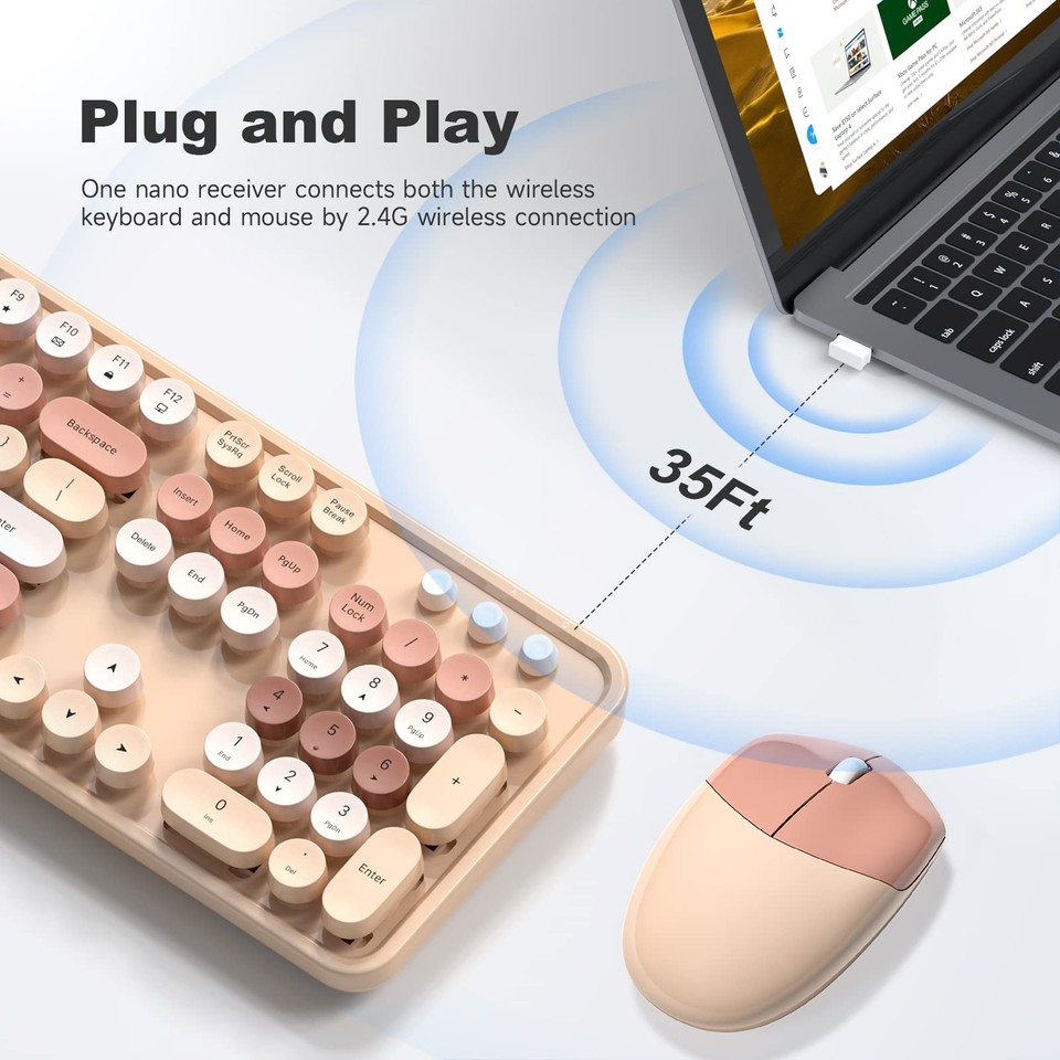 Wireless Keyboard and Combo, Milk Tea Colorful Round Key Typewriter ...