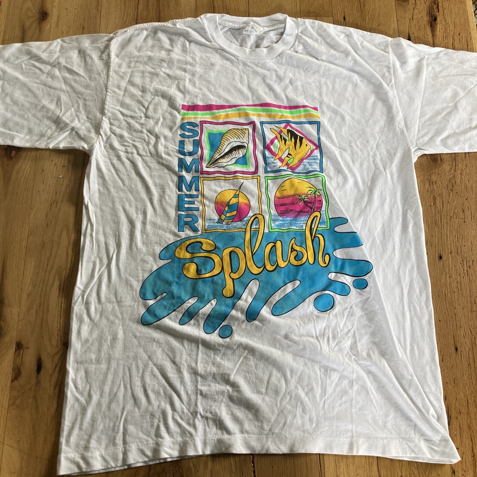 Vintage Single Stitch 90s Summer Splash White T Shirt… - Gem