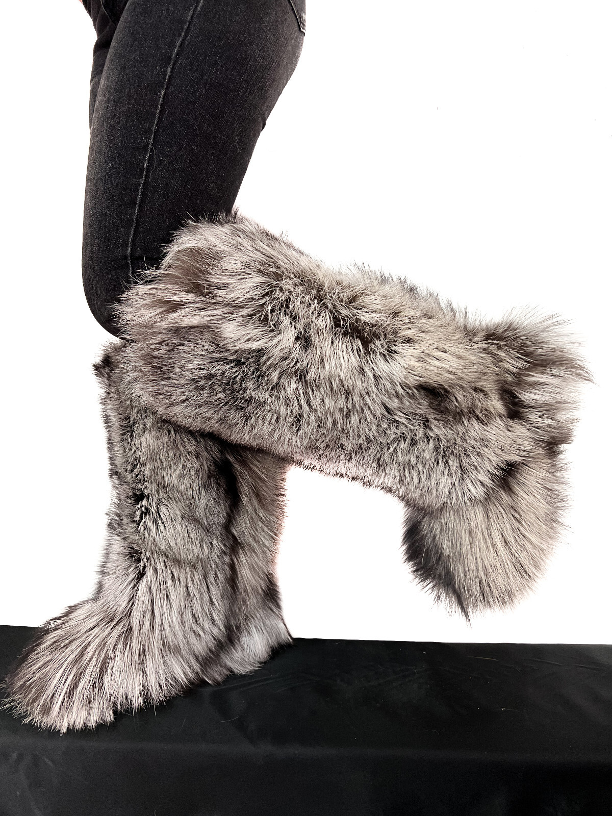 Silver Fox Fur Boots Double Sided Knee High Fur Winter Boots Indoor and ...
