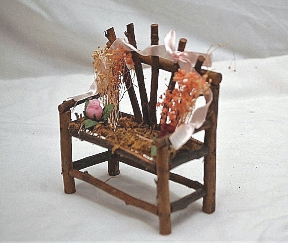 Classic Style Miniature Rustic Willow Wooden Bench Bear Doll House ...