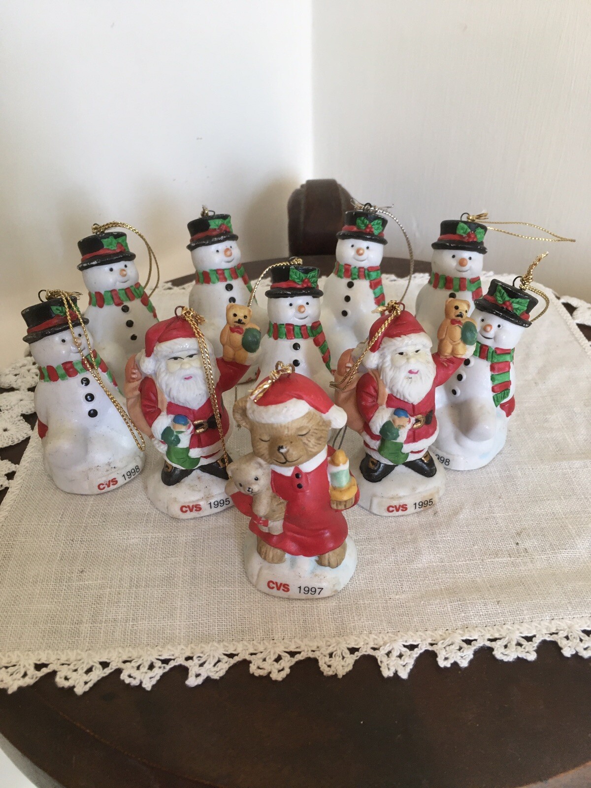 CVS Lot Of 10 Ceramic Christmas Tree Ornaments Snowmen, Teddy Bear ...