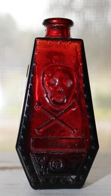 Wheaton Coffin shaped ruby red glass Emb POISON bottle w Skull ...