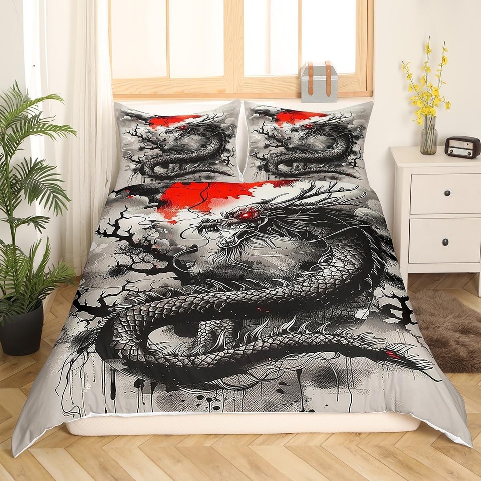 Black Dragon Duvet Cover Set Queen Size,Japanese Style Bedding Set 3Pcs ...