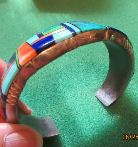 ALVIN YELLOWHORSE INLAID MULTI STONE CUFF BRACLET STERLING SILVER 91 GR ...