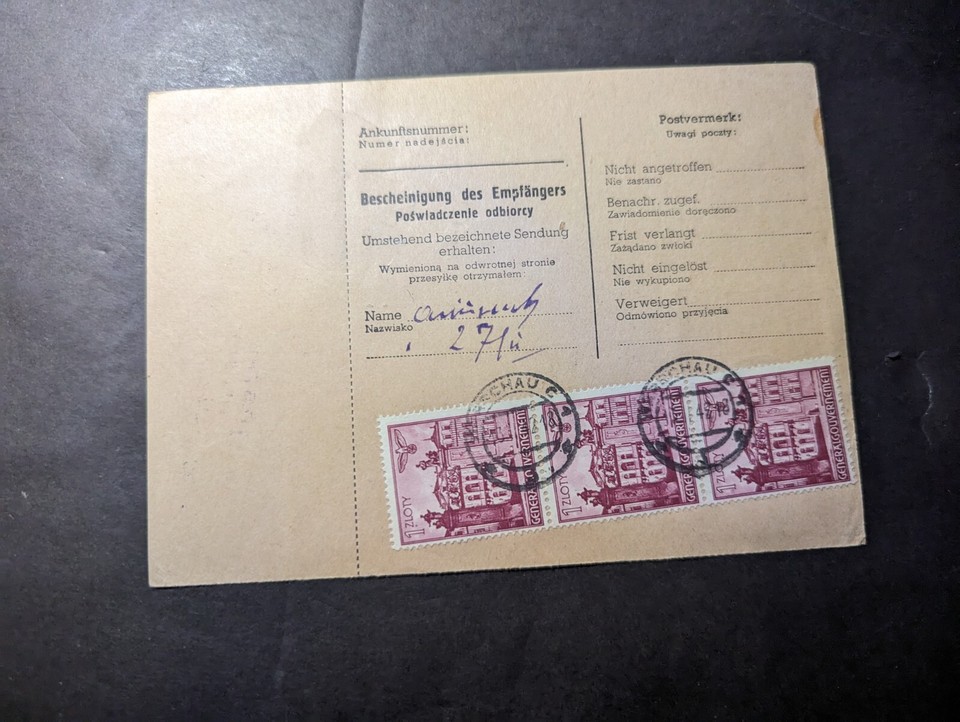 1942 Germany General Government Poland Parcel Receipt Cover Warsaw to ...