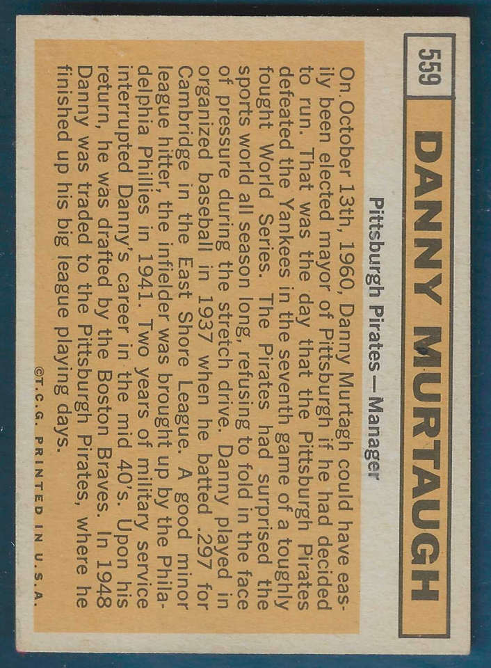 1963 Topps Baseball Pittsburgh Pirates Danny Murtaugh Hi Number #559 EX ...