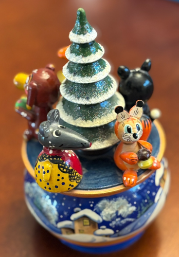 Wooden Christmas Music Box Forest Animals Around Tree Works Jingle ...