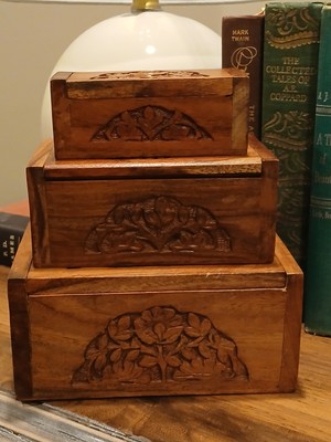 VTG CARVED WOOD FLORAL NESTING BOX SET MADE IN INDIA KEEPSAKES, TRINKET ...