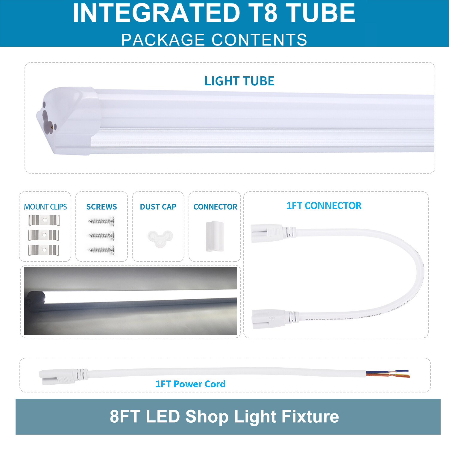 8FT LED Shop Light 72W T8 Milky Cover Linkable Tube Fixture for Garage ...