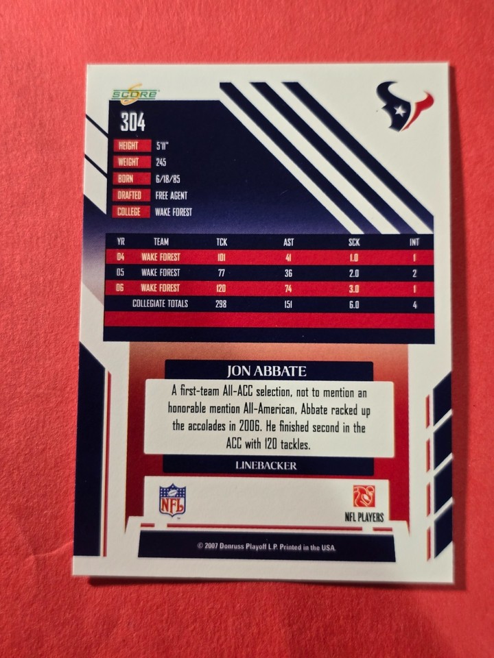 2007 Score Glossy #304 Jon Abbate, Rookie, cd1 | eBay