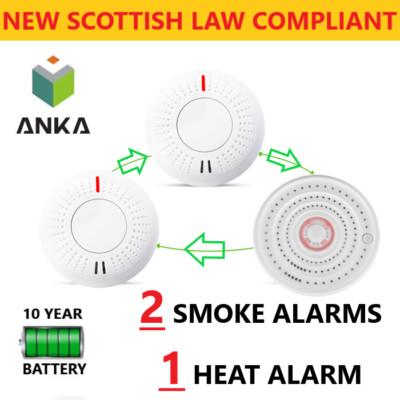 ANKA Wireless Interlinked 2 Smoke and 1 Heat Alarm Kit 10 Year Battery ...