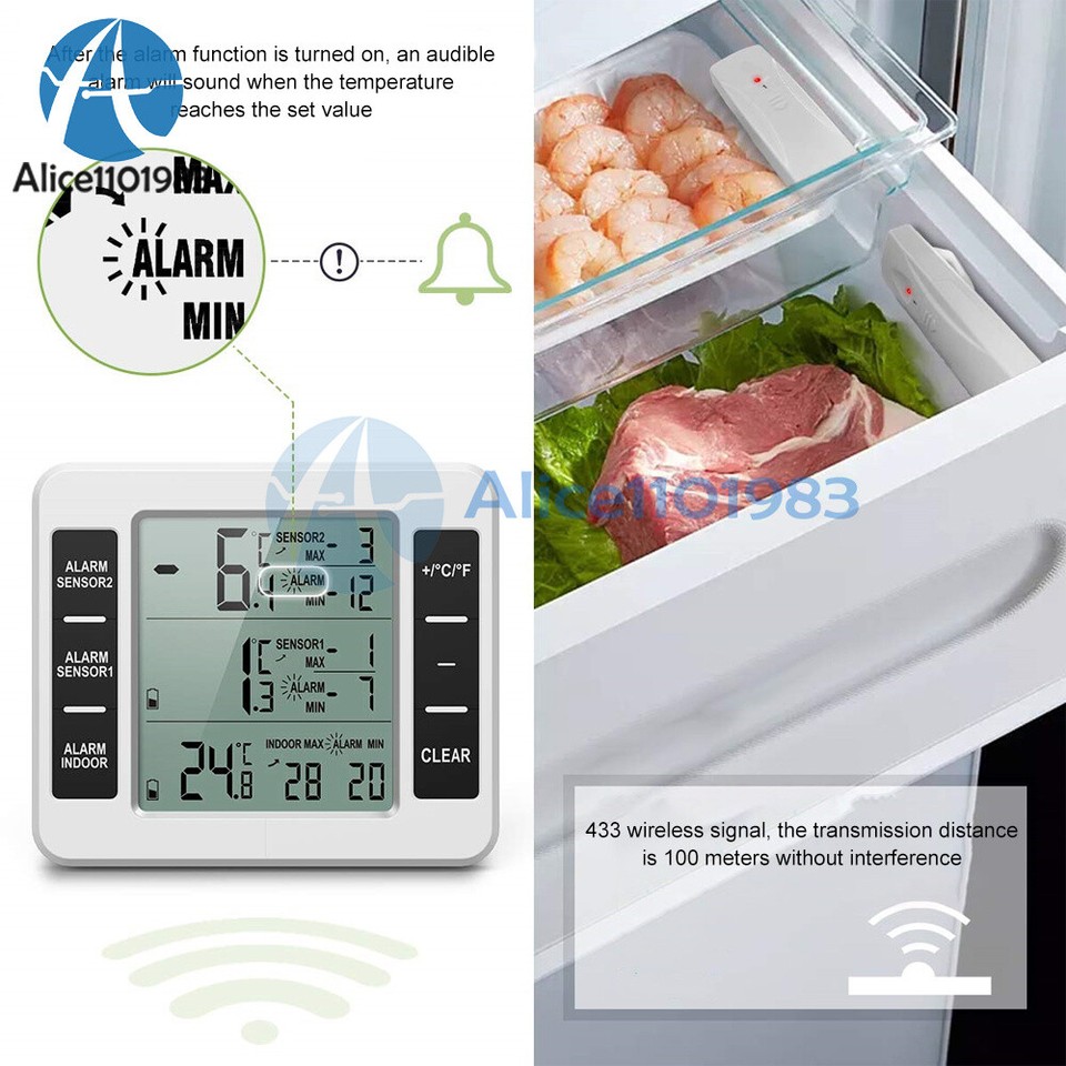 Wireless Digital Refrigerator Freezer Thermometer Temp Alarm Dual ...