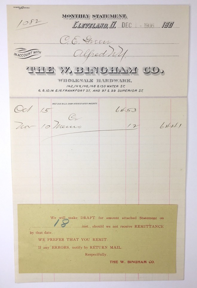 The W. Bingham Company Cleveland Ohio 1906 Letterhead Statement ...