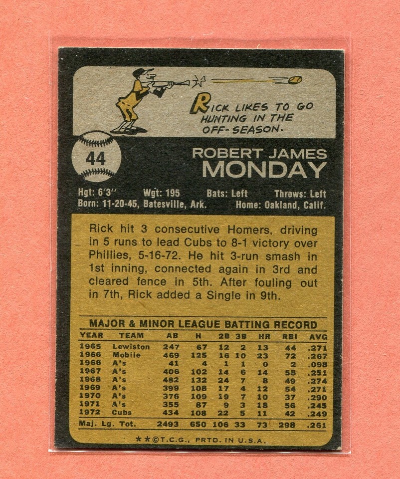 1973 TOPPS MLB BASEBALL CARD #44 RICK MONDAY CHICAGO CUBS | eBay