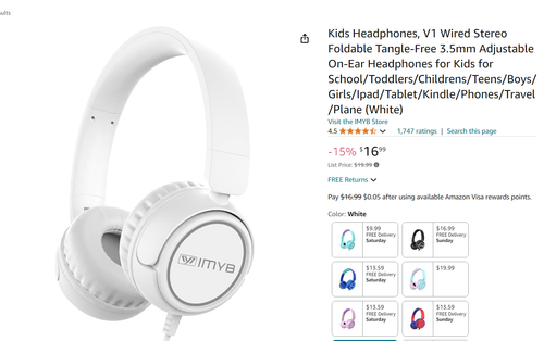 V1 Kids Headphones, Wired Stereo Foldable Tangle-Free 3.5Mm Adjustable ...