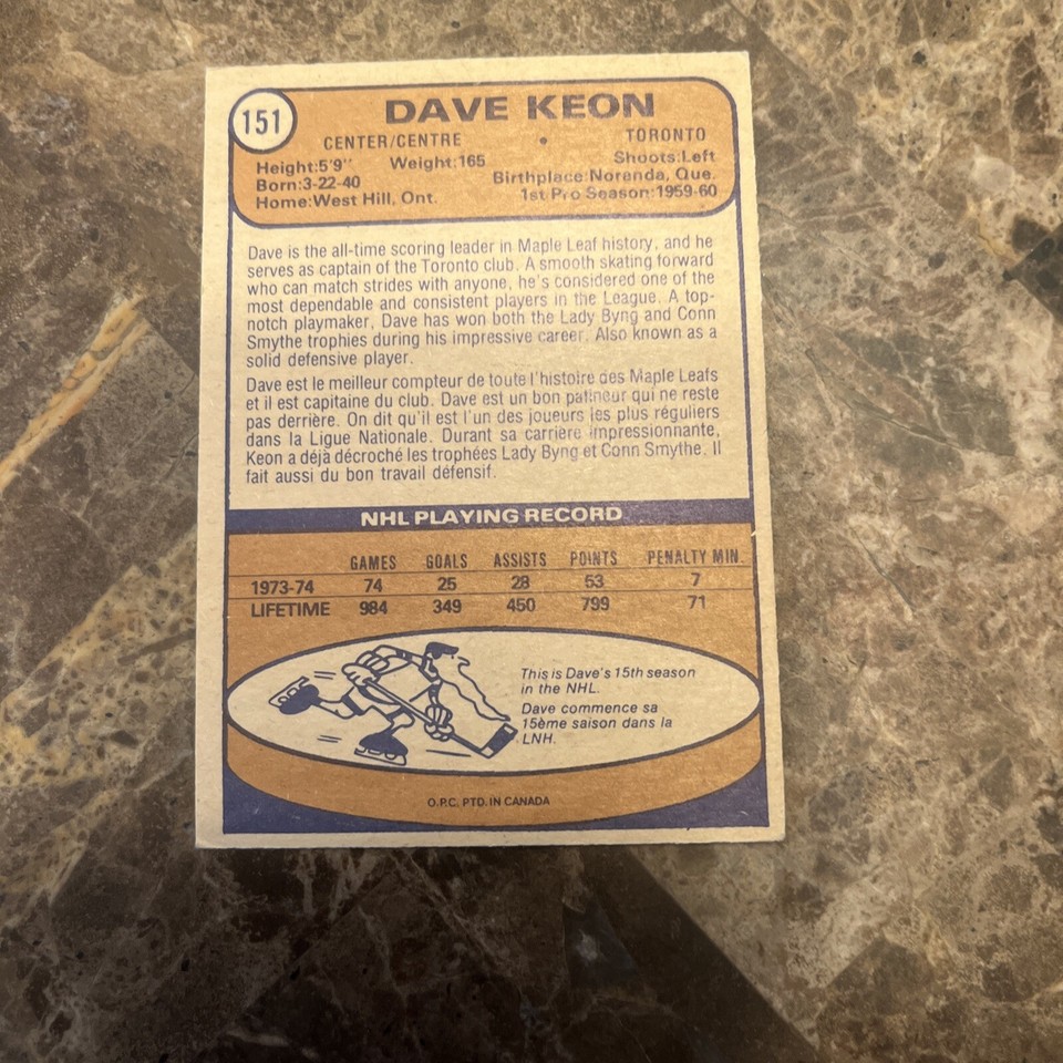 1974-75 SIGNED #80 DAVE KEON Card Hockey NHL TORONTO MAPLE LEAFS HOF | eBay