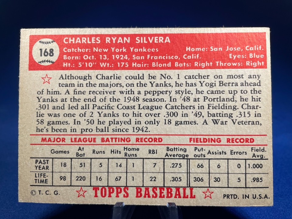 1952 Topps Baseball Card Charlie Silvera #168 New York Yankees | eBay
