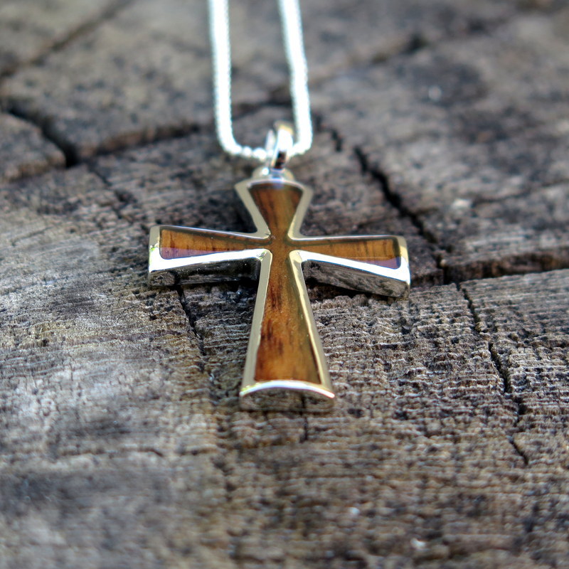 Hawaiian Jewelry Koa Wood Cross Silver Rhodium Plated Brass Pendant ...