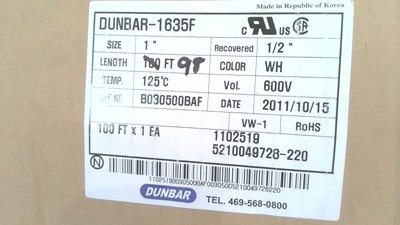DUNBAR-1635F WHITE HEAT SHRINK TUBING 1" 2:1 SHRINK RATIO, FLAME ...