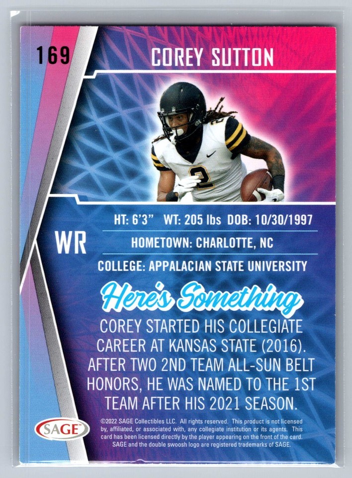 2022 SAGE HIT Football #169 Corey Sutton RC Appalachian State ...