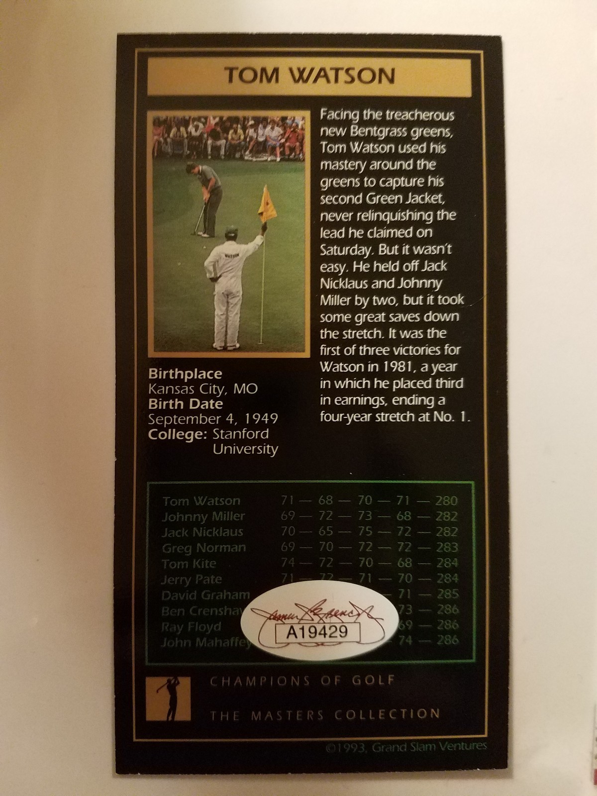 Tom Watson Signed Gold Foil Masters Card JSA Authenticated | eBay