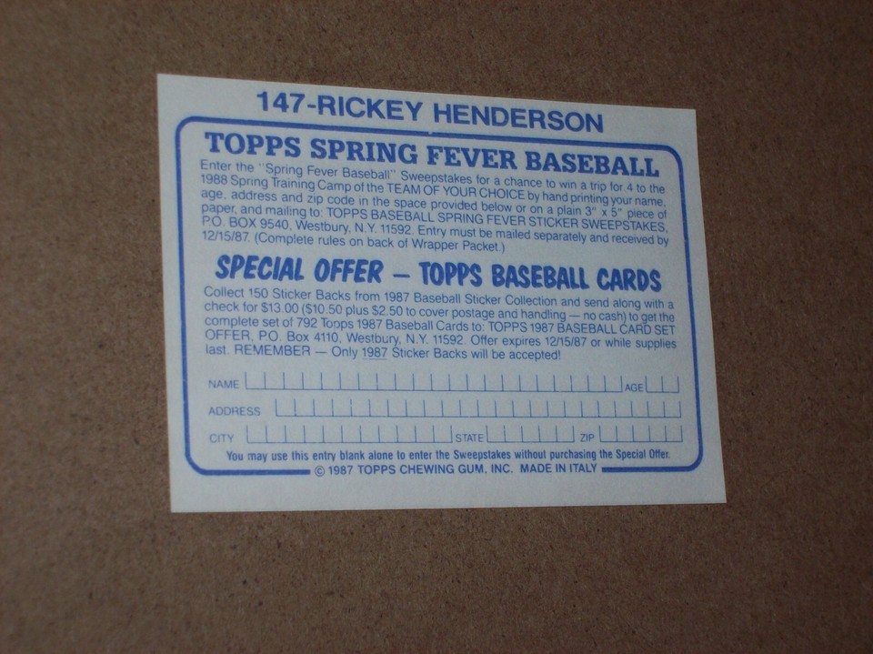 1987 Topps baseball Album Stickers Rickey Henderson AS Foil #147 blue ...