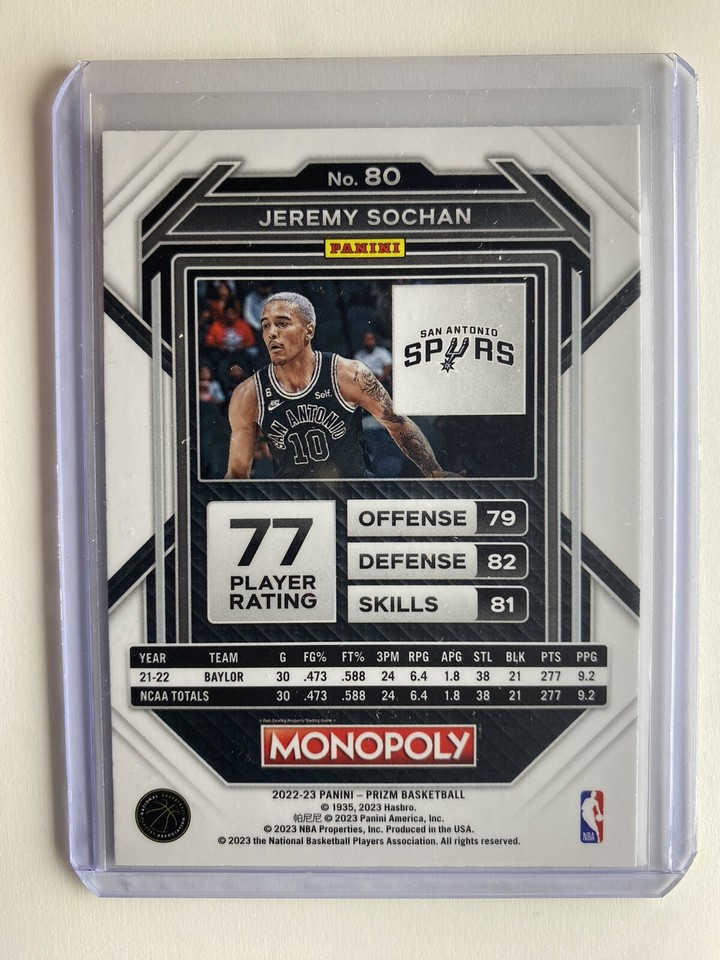 2022 Panini Monopoly Prizm #80 Jeremy Sochan RC ROOKIE SPURS | eBay