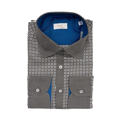 MAROL BOLOGNA Geometric Shirt Gray / Blue 100% COMO SILK Satin 15.75 ...
