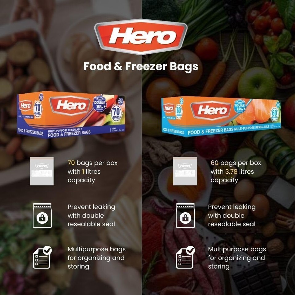 Hero 70 x Sealable Freezer Bags Zip Seal Ziplock Food Reusable Sandwich ...