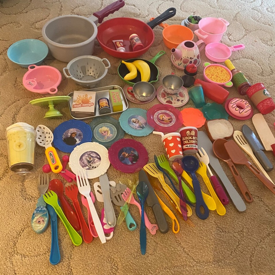 70+ Pretend Play toy plastic dishes Lot pans silverware teapot cups ...