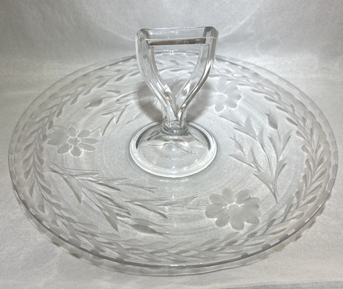 VTG Clear Glass Round Tidbit Sandwich Tray Plate Etched Flowers Center ...