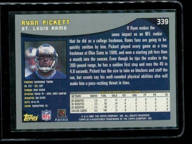 2001 TOPPS ROOKIE Football Trading Card #339 RYAN PICKETT St Louis Rams ...