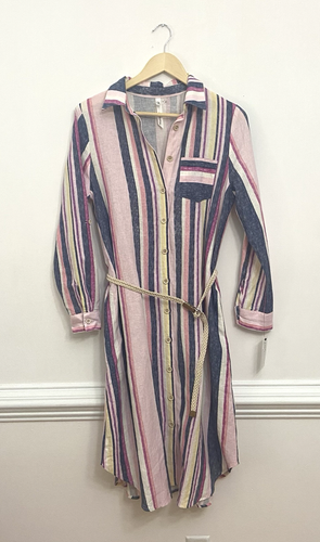 NY Collection Shirt Dress Sz L Linen Blend Belted Multicolor Stripe L/S ...