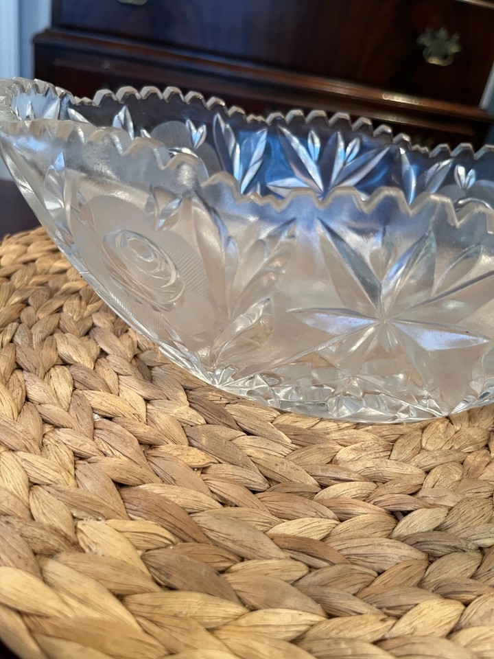 10 x 3 Saw Tooth Cut Glass Bowl with Etched Floral and Leaf Pattern | eBay